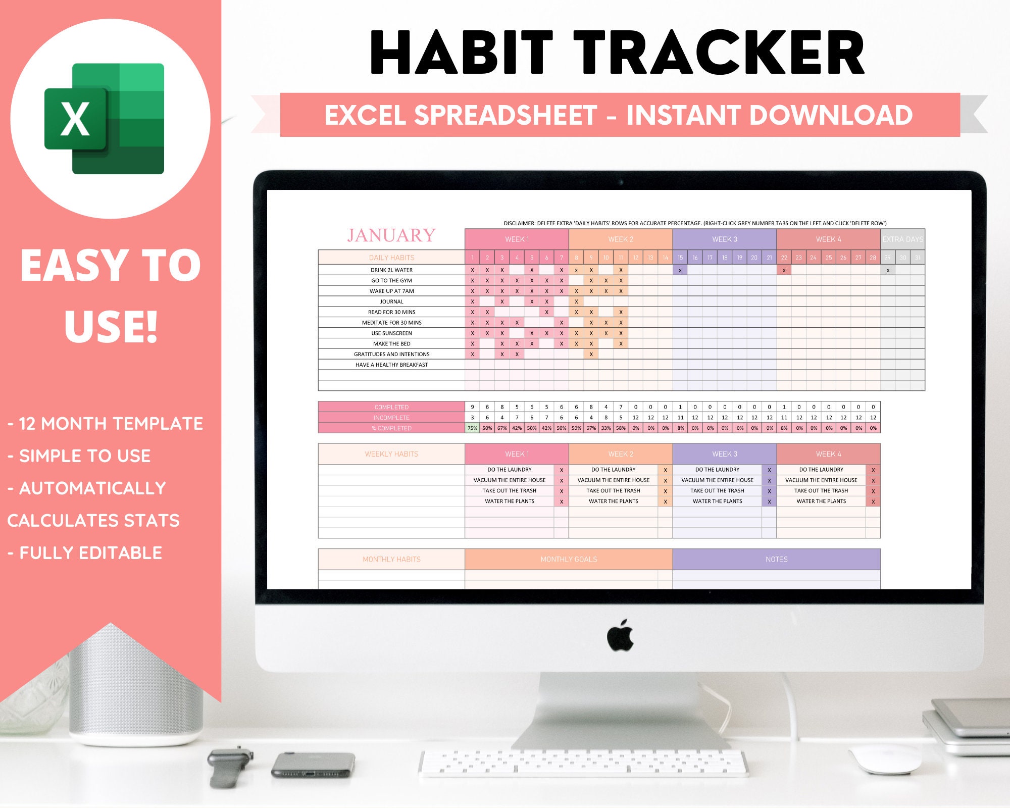 Habit Tracker Spreadsheet, Microsoft Excel, Daily, Weekly, Monthly ...