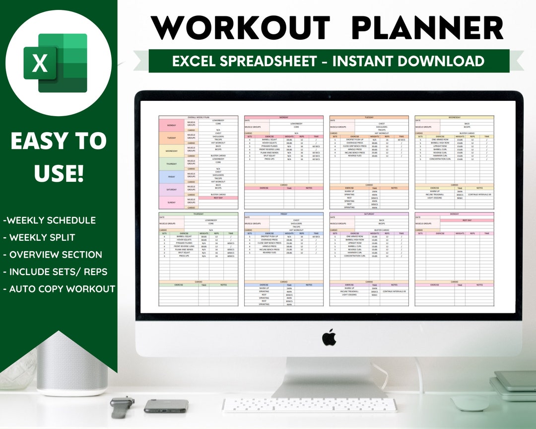 Workout Planner Spreadsheet, Microsoft Excel, Daily, Weekly, Fitness ...