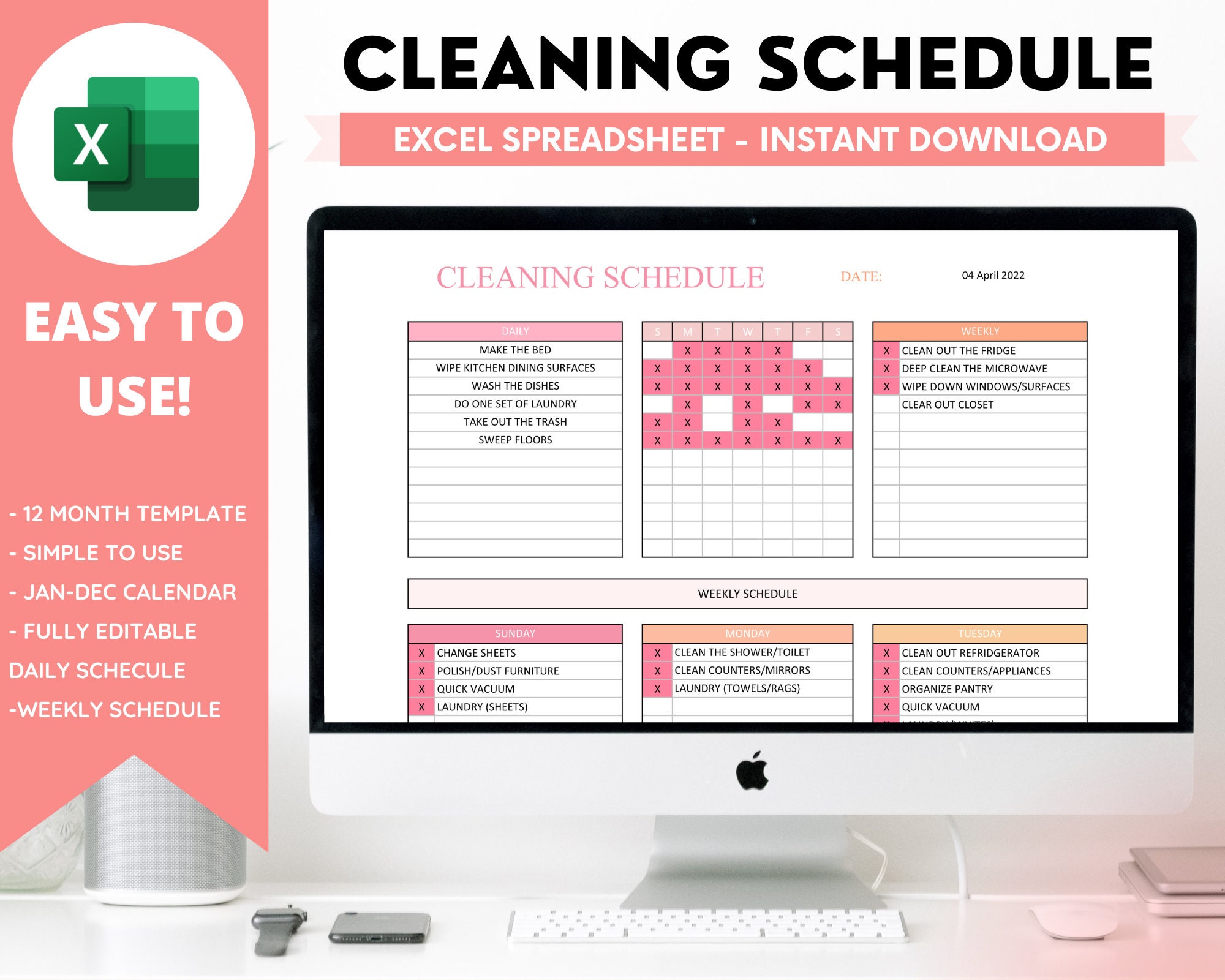 Cleaning Schedule Spreadsheet, Microsoft Excel, Daily, Weekly, Monthly ...