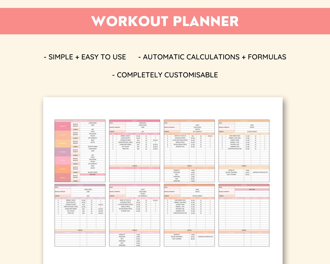 Workout Planner Spreadsheet, Microsoft Excel, Daily, Weekly, Fitness ...