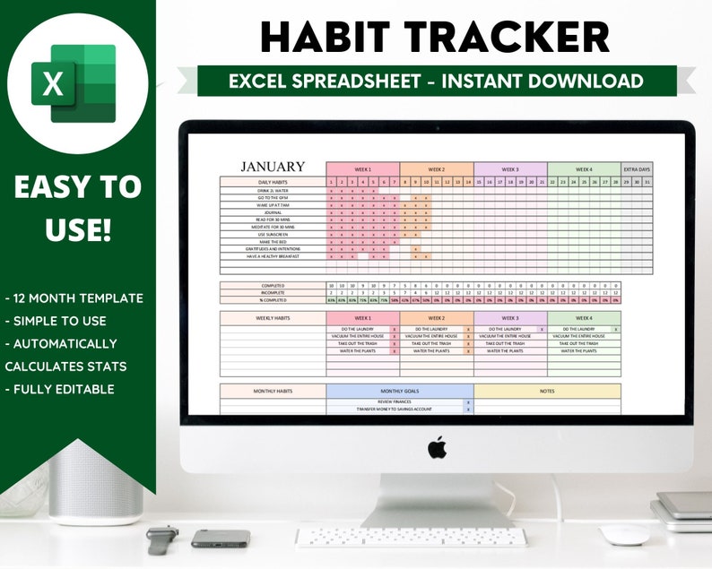 Habit Tracker Spreadsheet, Microsoft Excel, Daily, Weekly, Monthly ...