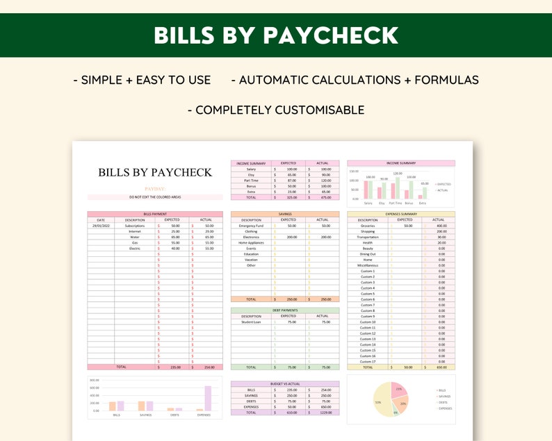 Bills by Paycheck Spreadsheet, Monthly Custom, Microsoft Excel ...