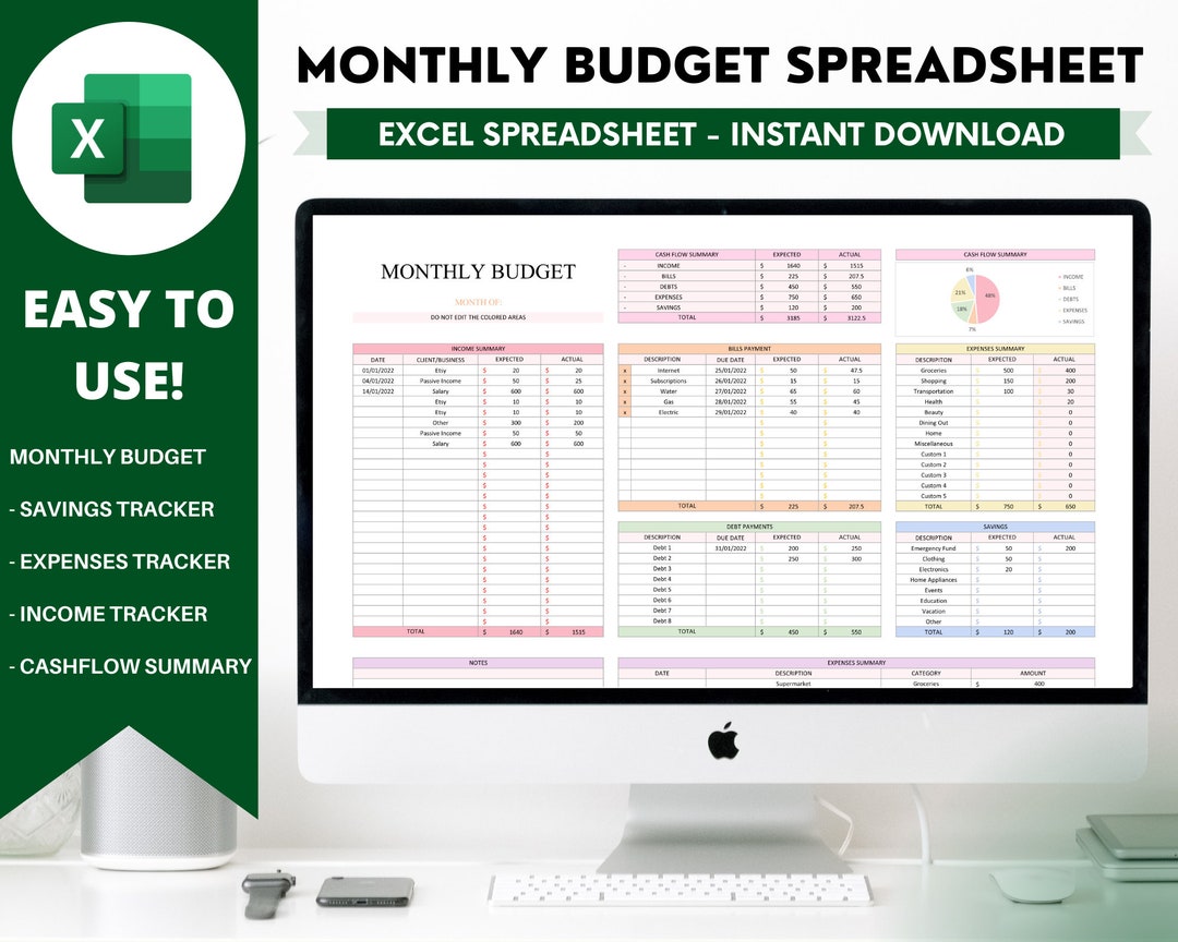 Monthly Budget Spreadsheet, Monthly Custom, Microsoft Excel, Personal ...