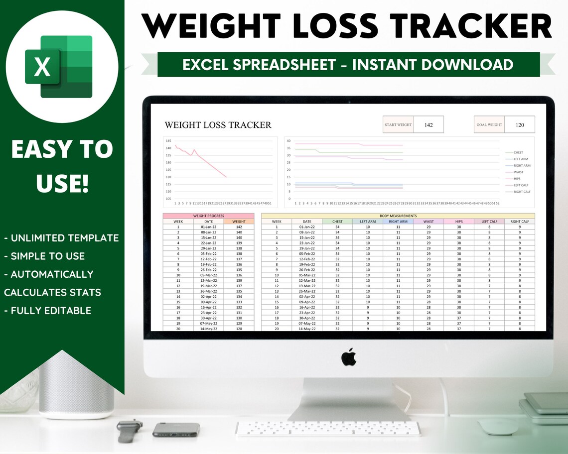 Weight Loss Tracker Spreadsheet, Microsoft Excel, Daily, Weekly ...