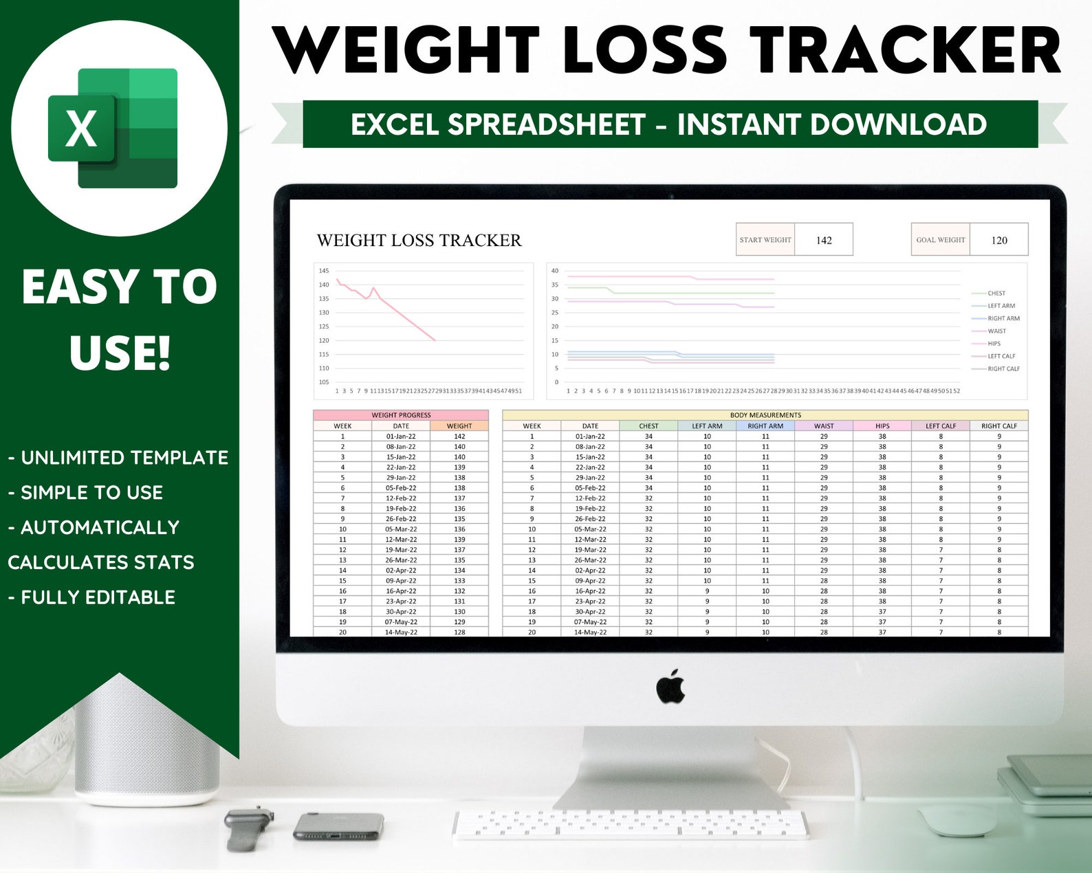 Weight Loss Tracker Spreadsheet, Microsoft Excel, Daily, Weekly ...