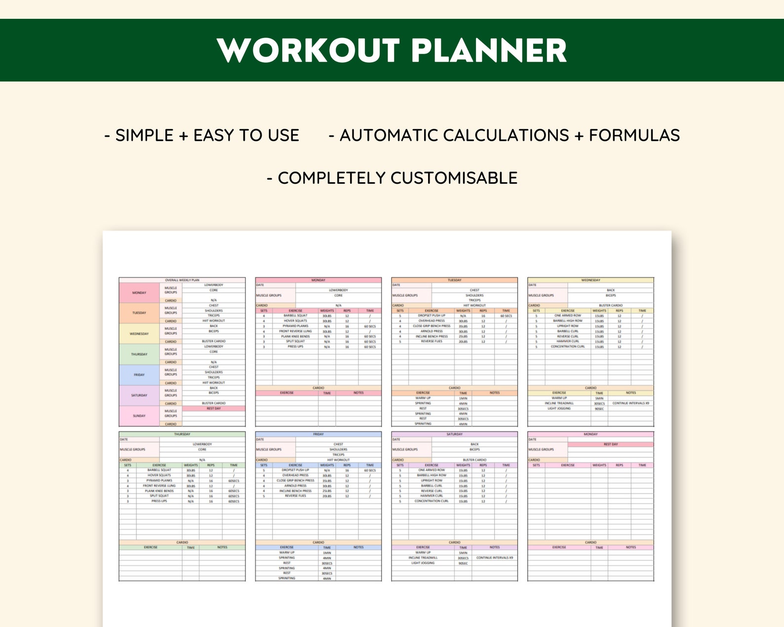 Workout Planner Spreadsheet, Microsoft Excel, Daily, Weekly, Fitness ...