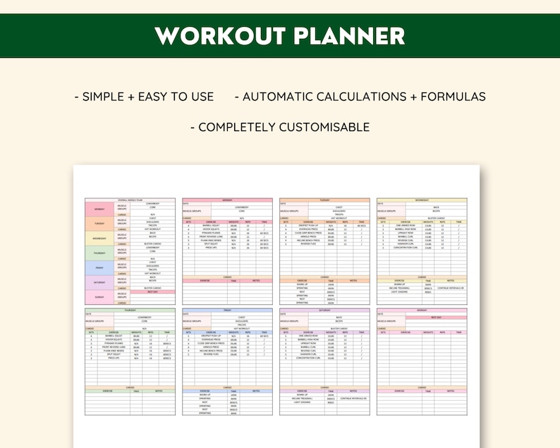 Workout Planner Spreadsheet, Microsoft Excel, Daily, Weekly, Fitness ...