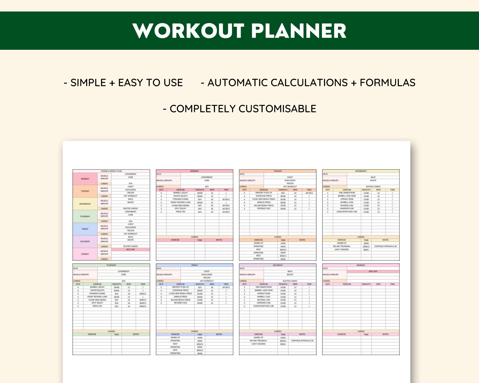 Workout Planner Spreadsheet, Microsoft Excel, Daily, Weekly, Fitness ...