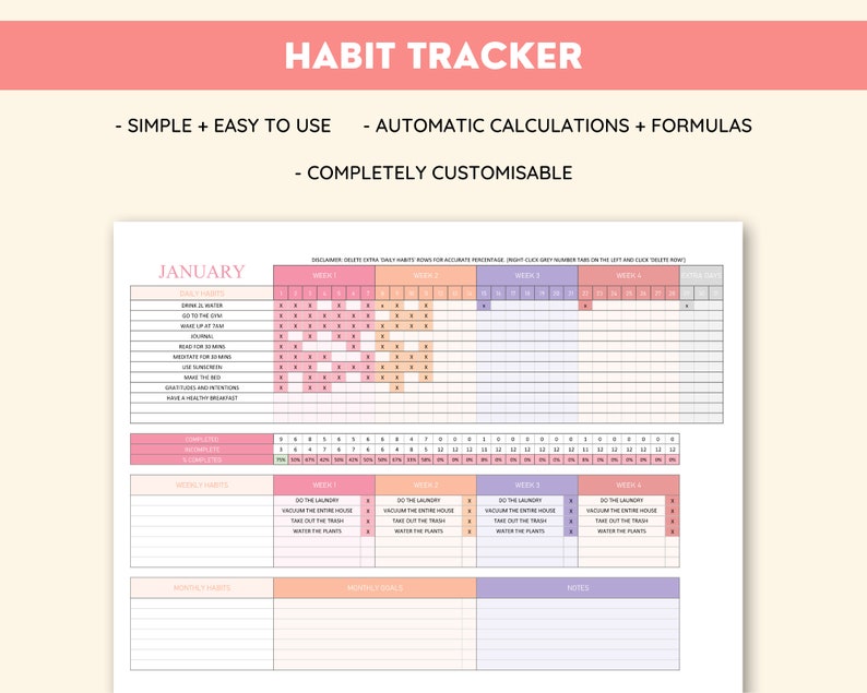 Habit Tracker Spreadsheet, Microsoft Excel, Daily, Weekly, Monthly ...