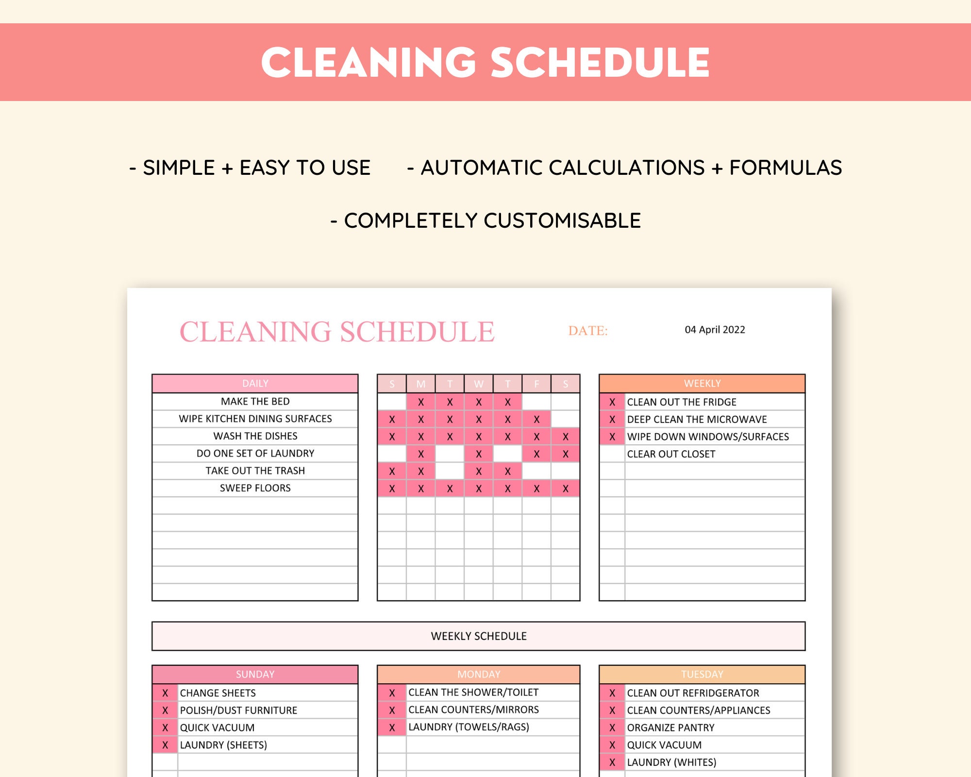 Cleaning Schedule Spreadsheet, Microsoft Excel, Daily, Weekly, Monthly ...