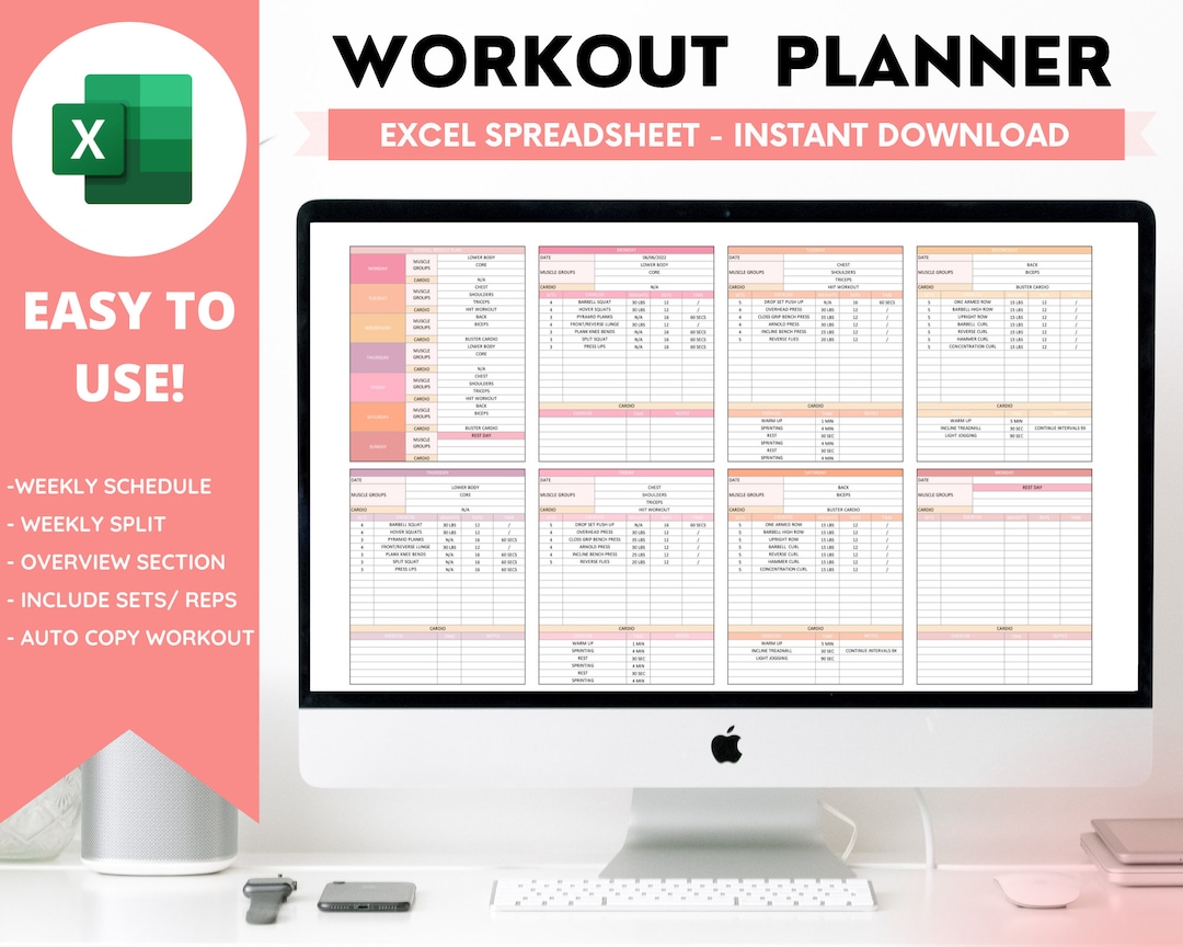 Workout Planner Spreadsheet, Microsoft Excel, Daily, Weekly, Fitness ...