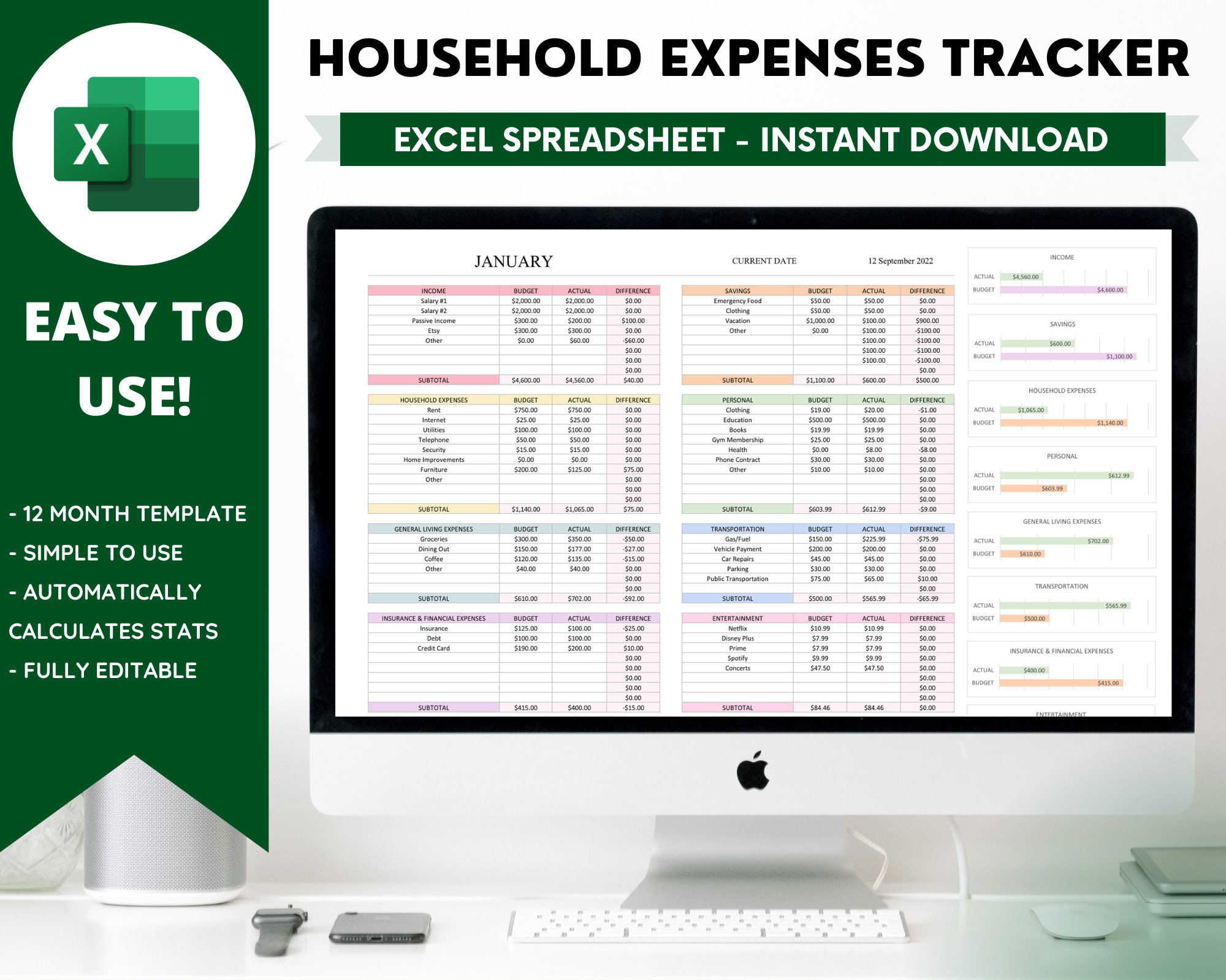 Household Expenses Budget Spreadsheet, Monthly Microsoft Excel ...
