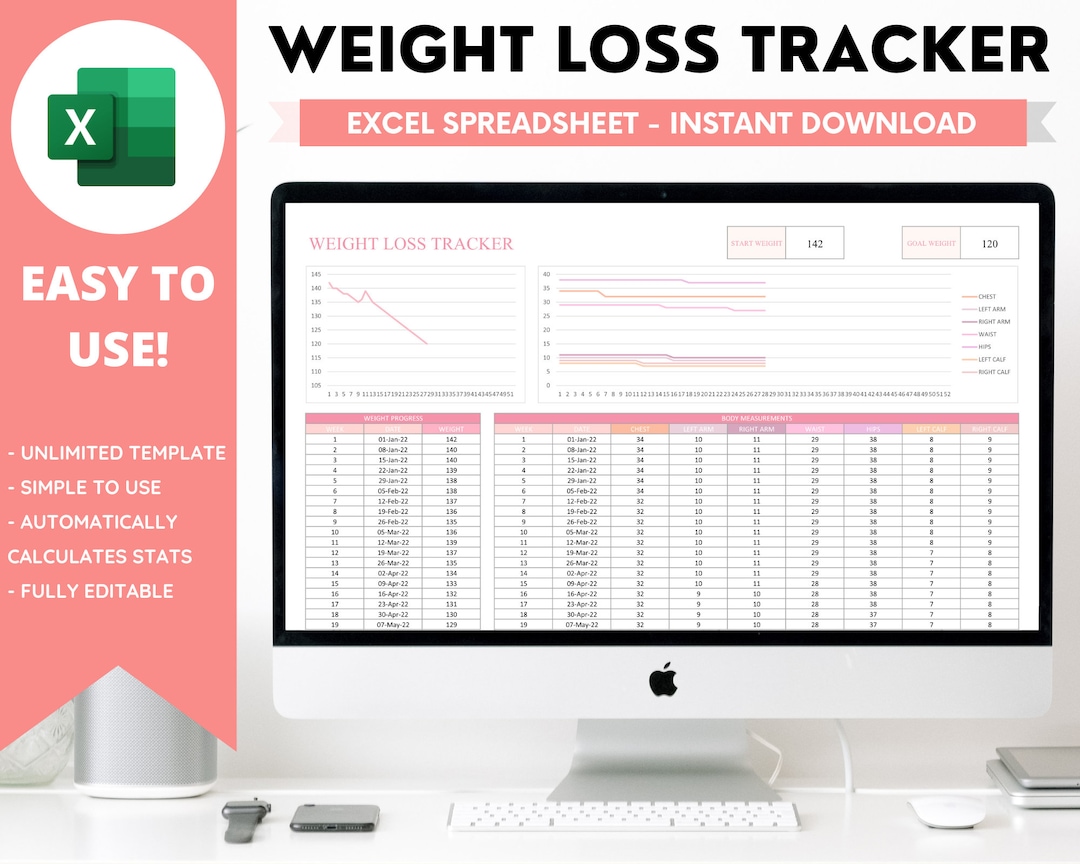 Weight Loss Tracker Spreadsheet, Microsoft Excel, Daily, Weekly ...
