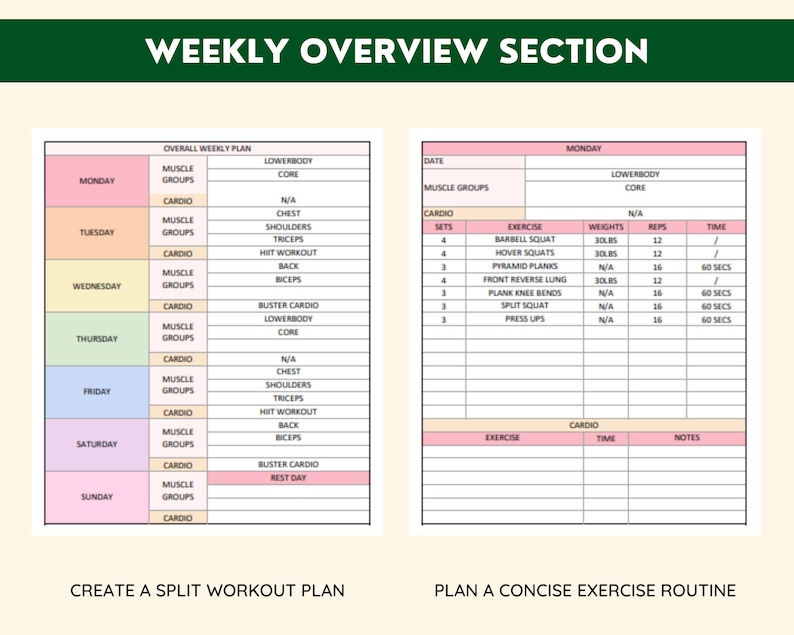 Workout Planner Spreadsheet, Microsoft Excel, Daily, Weekly, Fitness ...