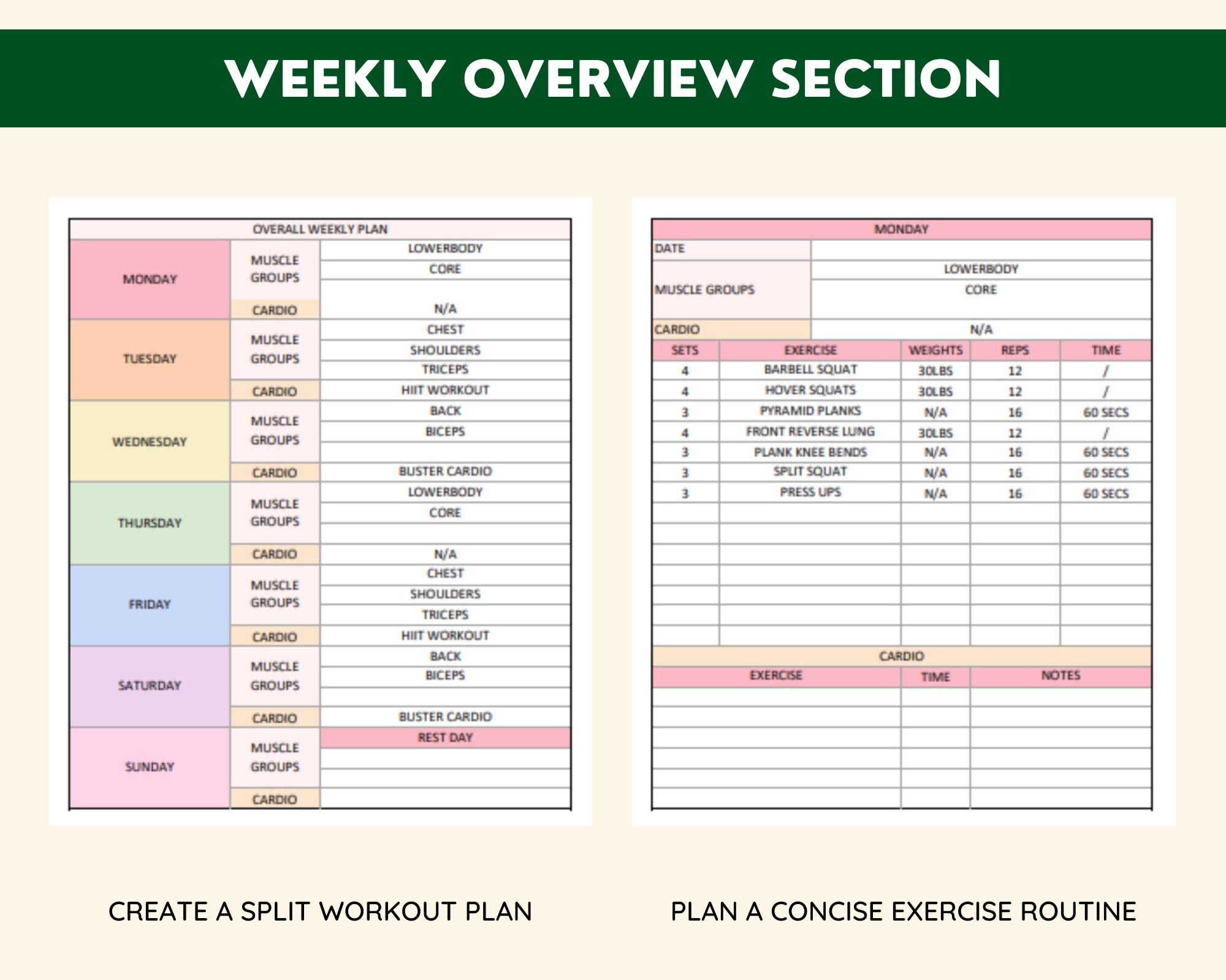 Workout Planner Spreadsheet, Microsoft Excel, Daily, Weekly, Fitness ...