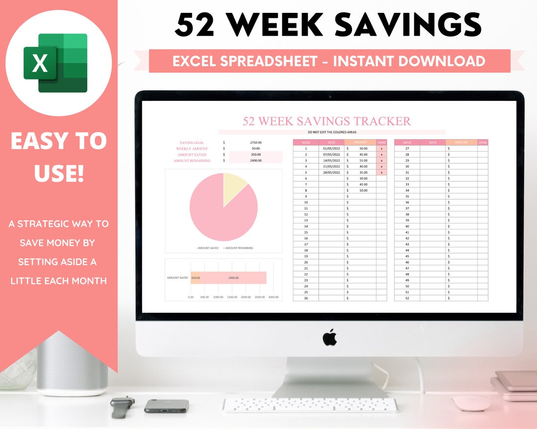 52 Weeks Savings Tracker, Microsoft Excel, Annual Finance Tracker ...