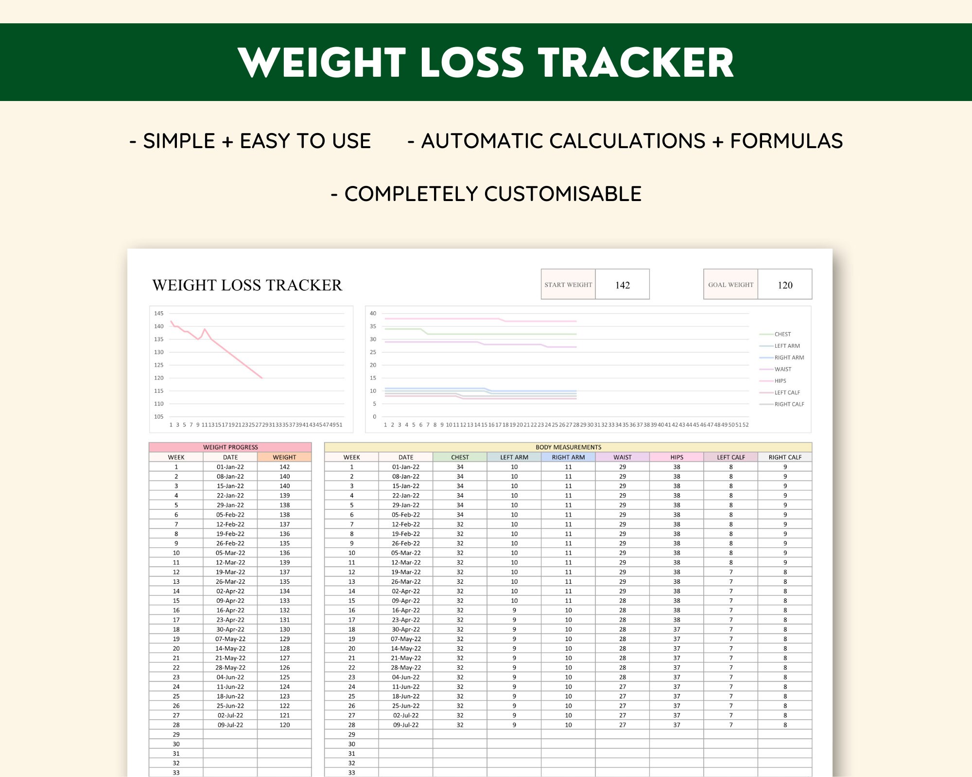 Weight Loss Tracker Spreadsheet, Microsoft Excel, Daily, Weekly ...
