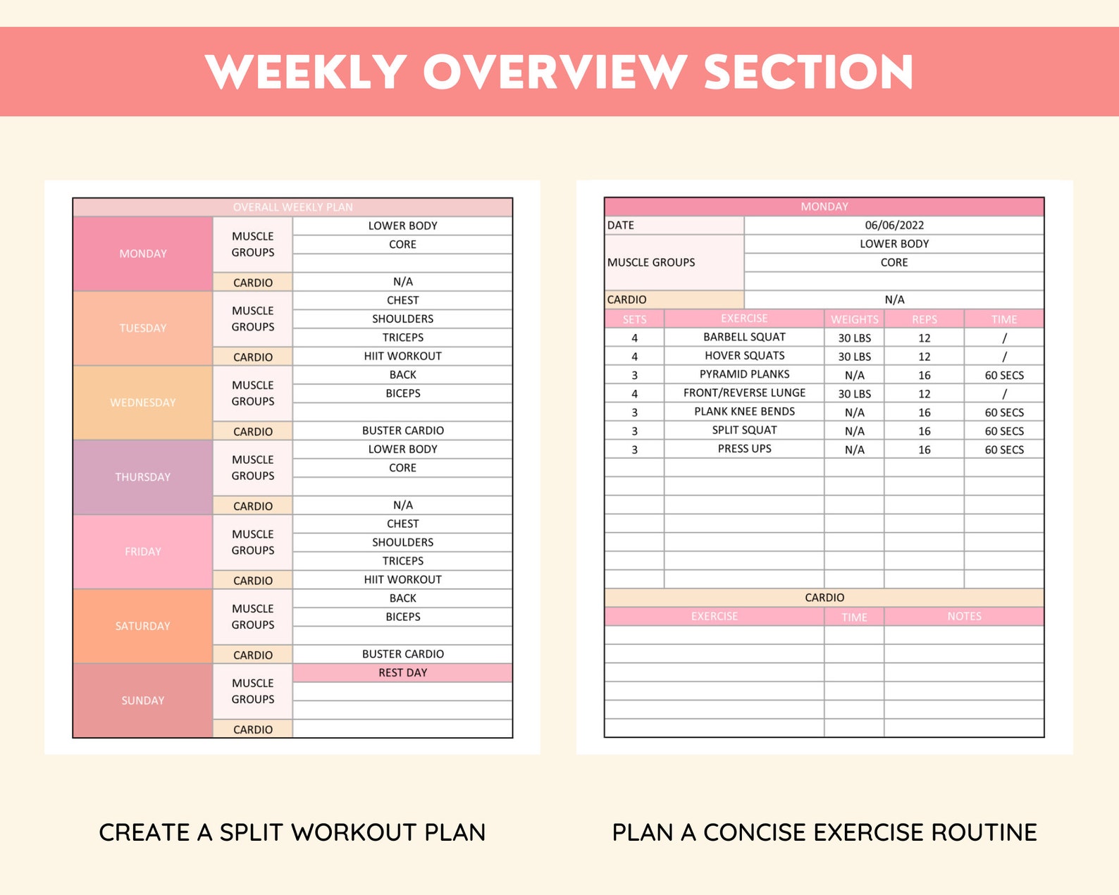 Workout Planner Spreadsheet, Microsoft Excel, Daily, Weekly, Fitness ...
