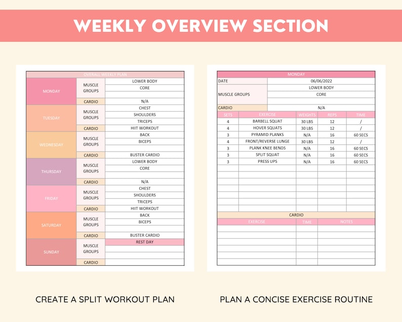 Workout Planner Spreadsheet, Microsoft Excel, Daily, Weekly, Fitness ...