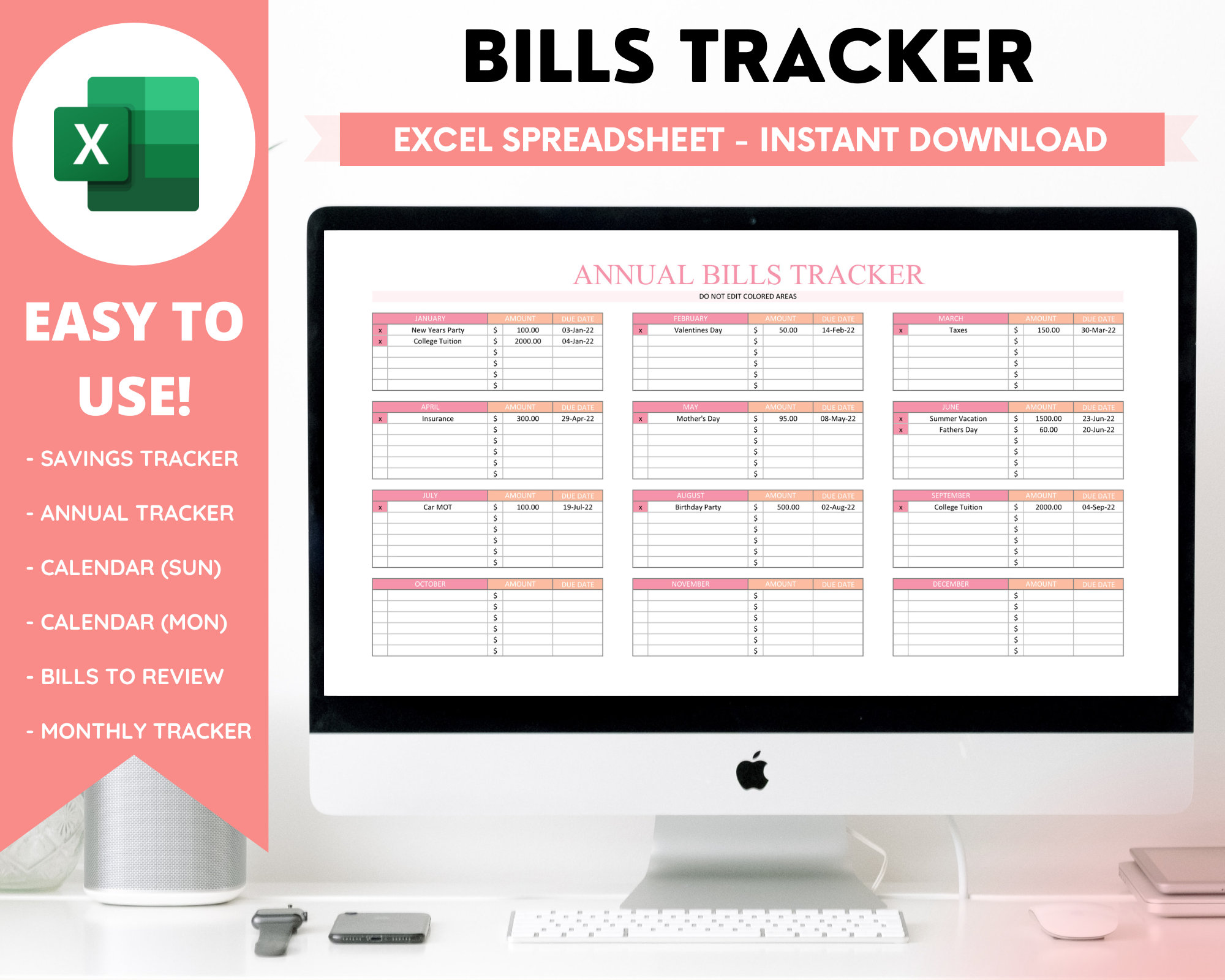 Annual Bills Tracker Spreadsheet, Monthly Custom, Microsoft Excel ...
