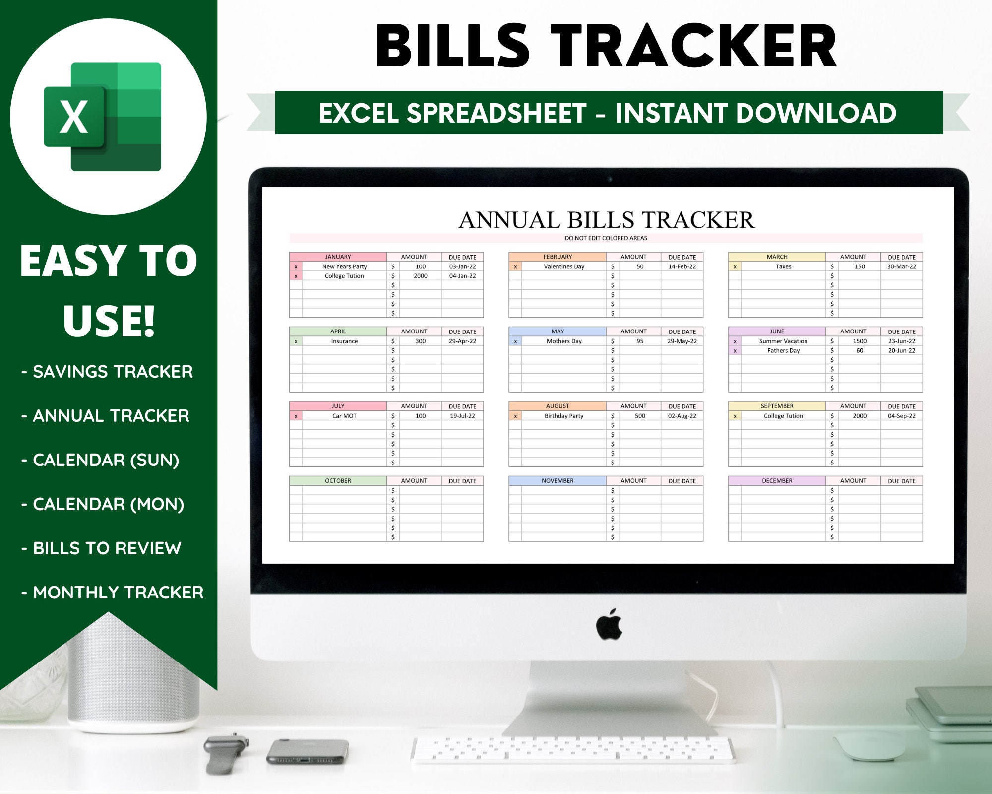 Annual Bills Tracker Spreadsheet Monthly Custom Microsoft - Etsy