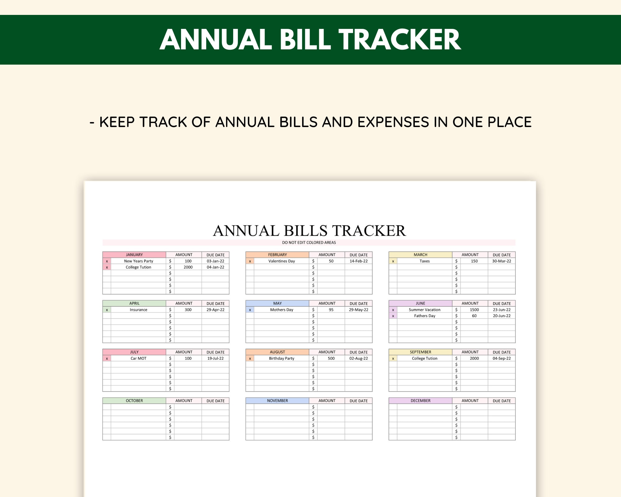 Annual Bills Tracker Spreadsheet Monthly Custom Microsoft - Etsy