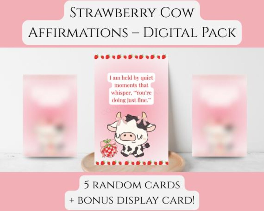 Strawberry Cow Affirmation Cards, Kawaii Positive Quotes, Pink Self ...