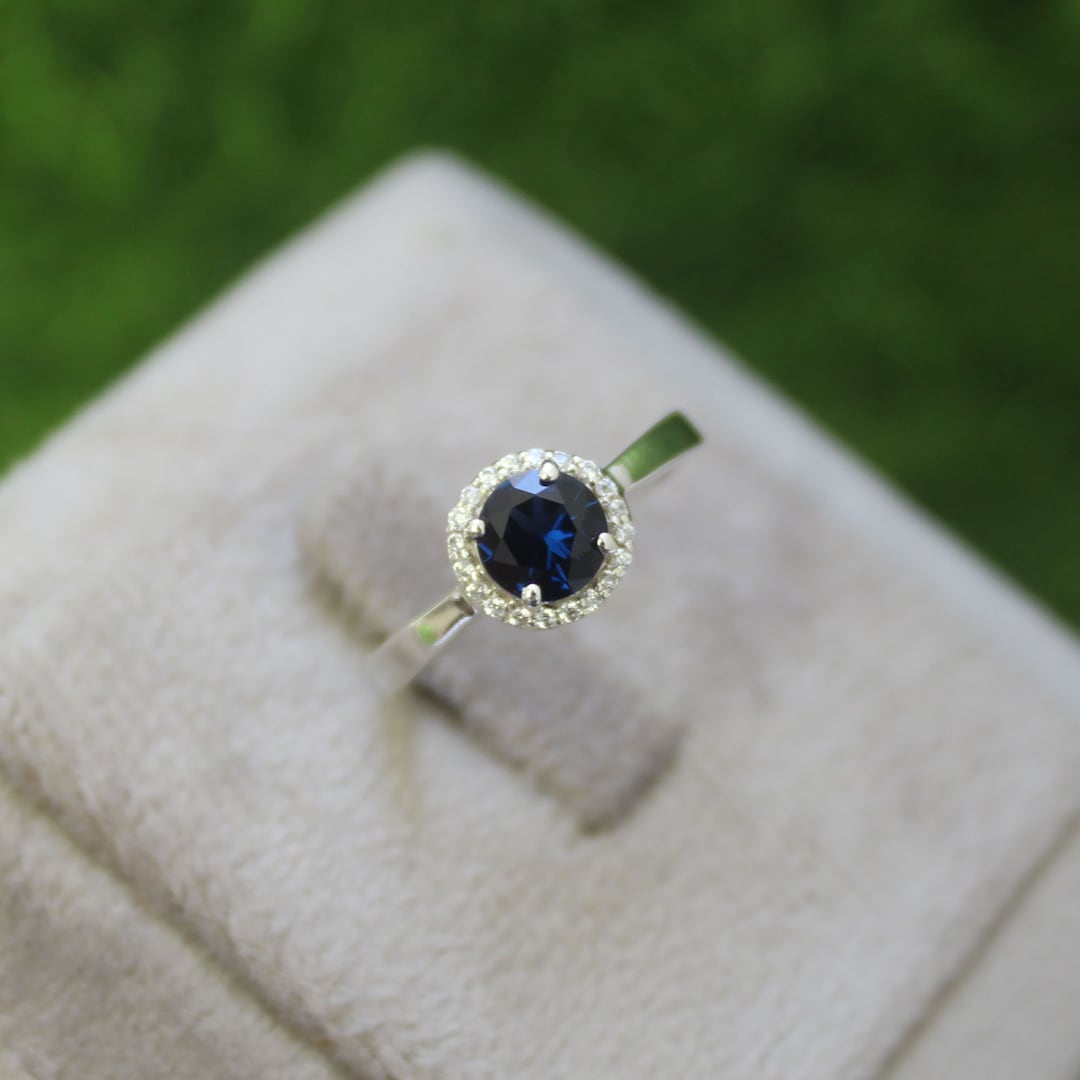 Lab Blue Sapphire Silver Ring - 925 Sterling Silver - Round Cut ...