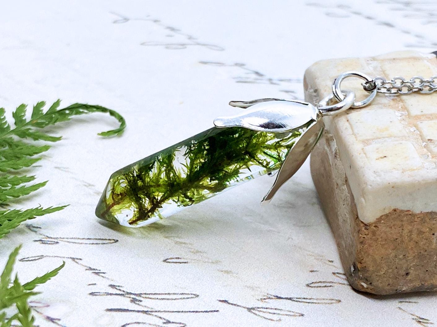 Moss Necklace, Stainless Steel Chain, Moss Resin Necklace Dark Academia ...
