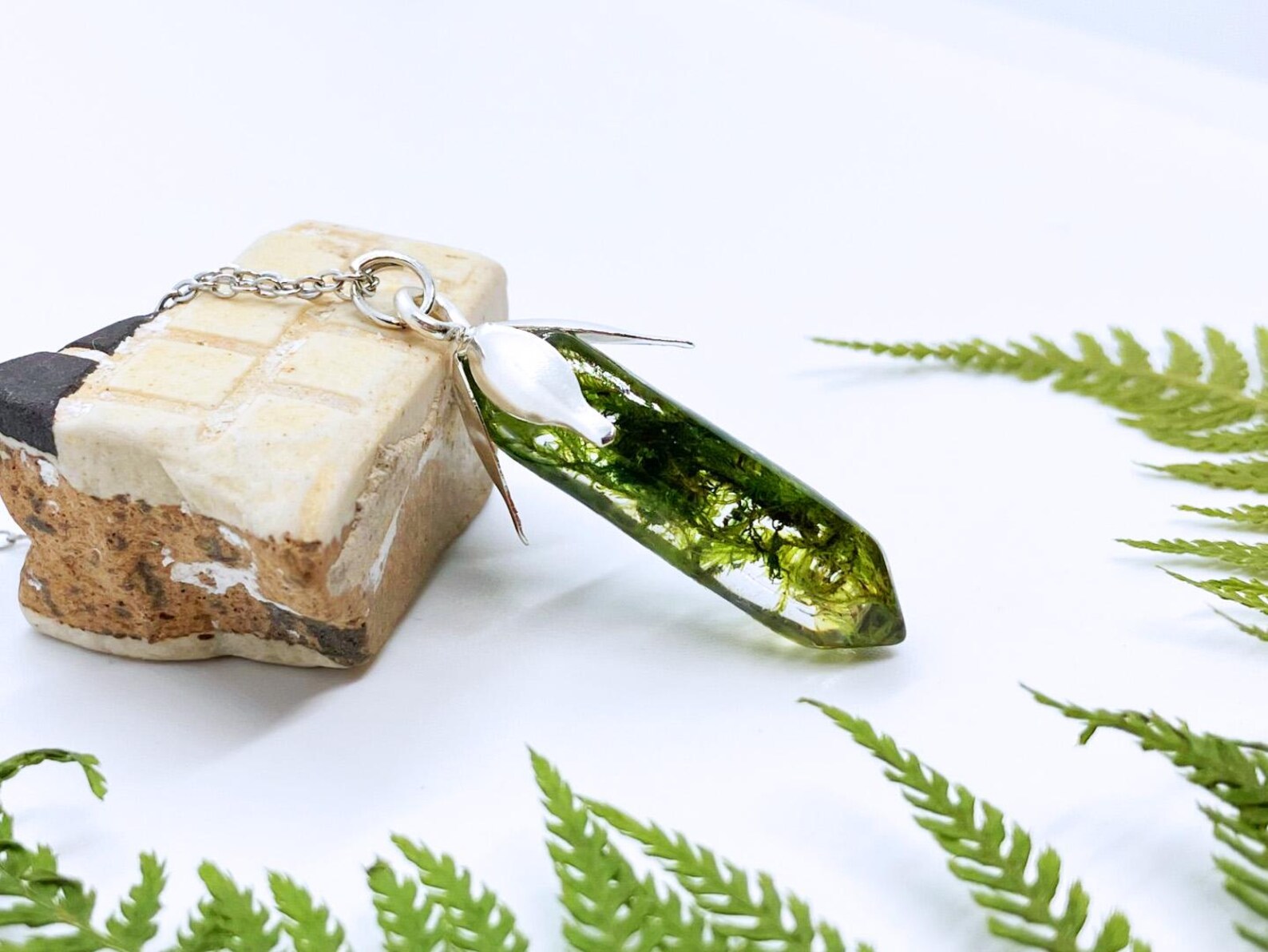 Moss Necklace, Stainless Steel Chain, Moss Resin Necklace Dark Academia ...