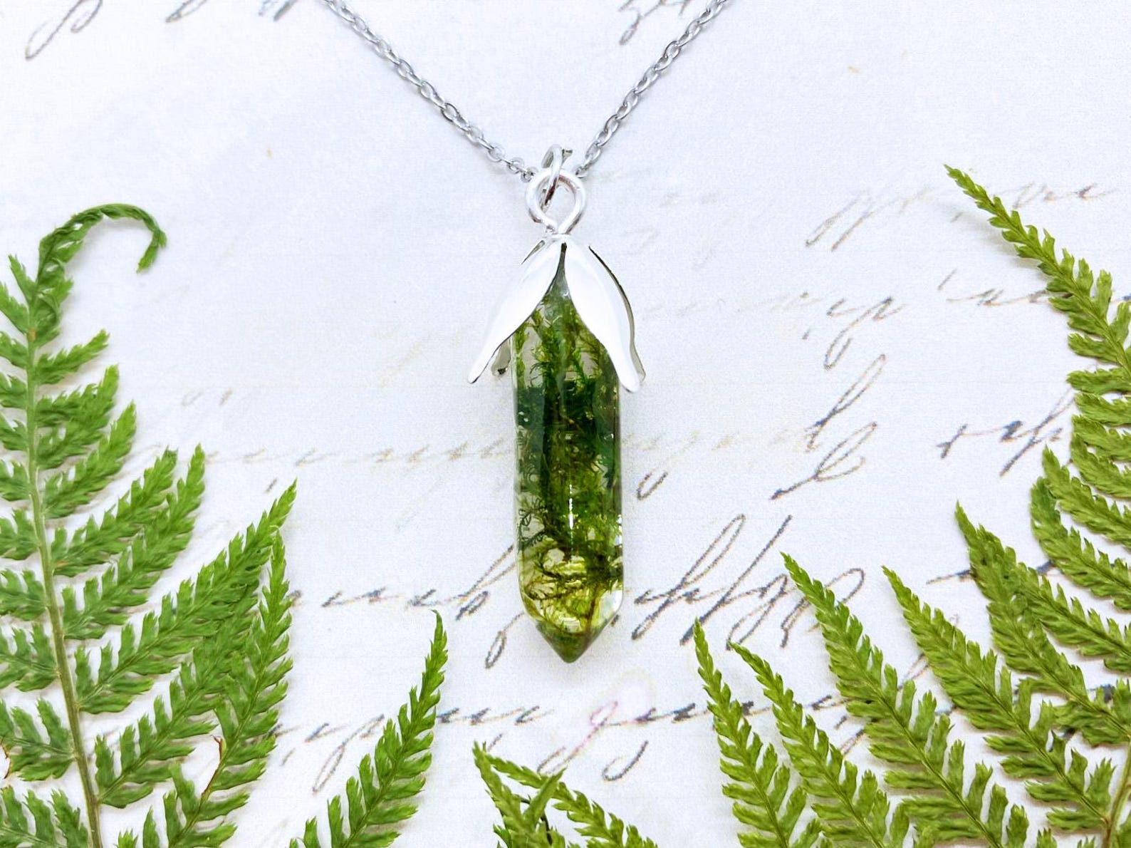 Moss Necklace, Stainless Steel Chain, Moss Resin Necklace Dark Academia ...
