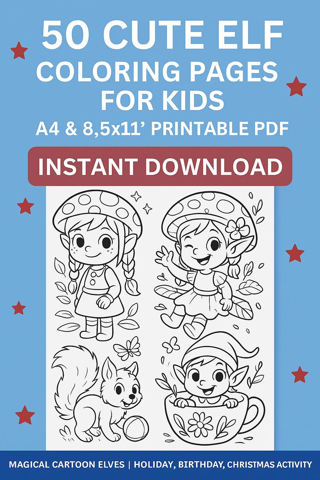50 Cute Elf Coloring Pages for Kids | A4 & 8.5x11” Printable PDF ...