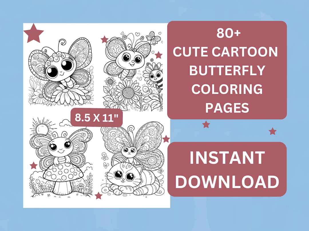 80+ Cartoon Butterfly Coloring Pages, Printable Pages, Digital Coloring ...