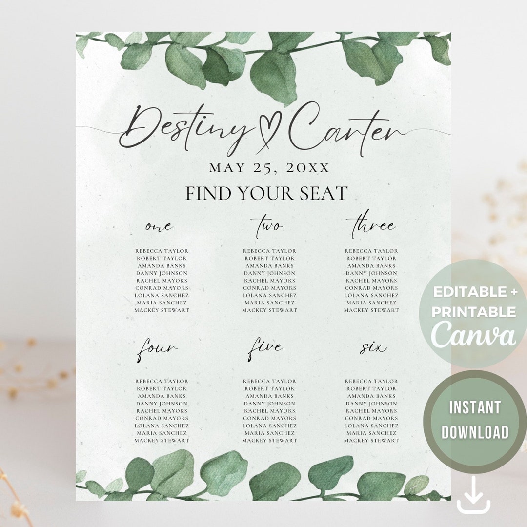 Wedding Seating Chart Template Printable Editable Seating Chart Wedding Guest Sign Printable ...
