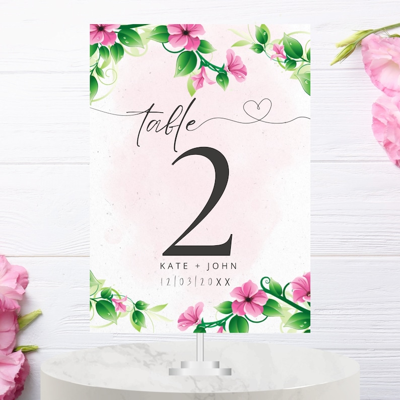 Printable Table Numbers Editable Template Pink Flower Flower Wedding ...