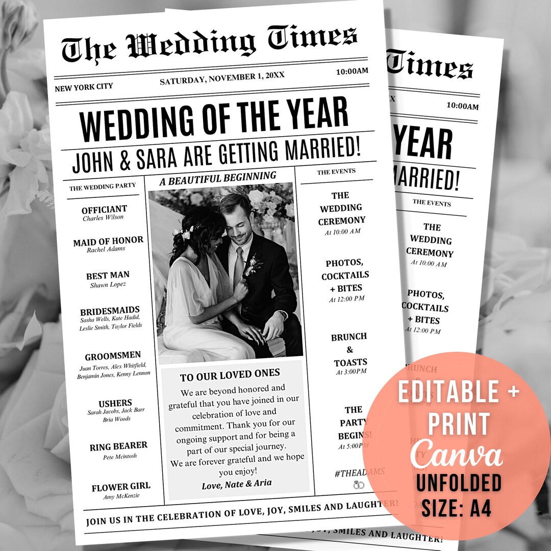 Wedding Newspaper Template Newspaper Wedding Program Template Editable ...