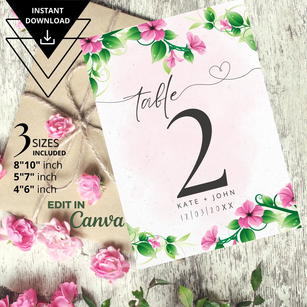 Printable Table Numbers Editable Template Pink Flower Flower Wedding ...