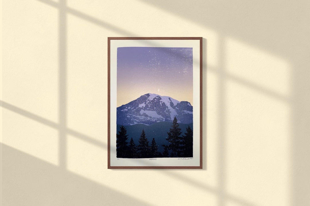 Mountain Landscape Block Print | Paradise at Mount Rainier National ...