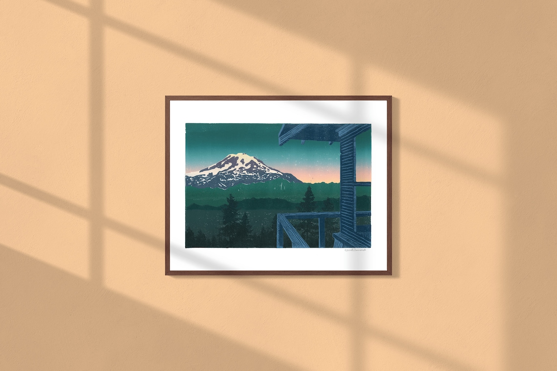 Mountain & Fire Lookout | Linocut Block Print Fine Art Reproduction - Etsy