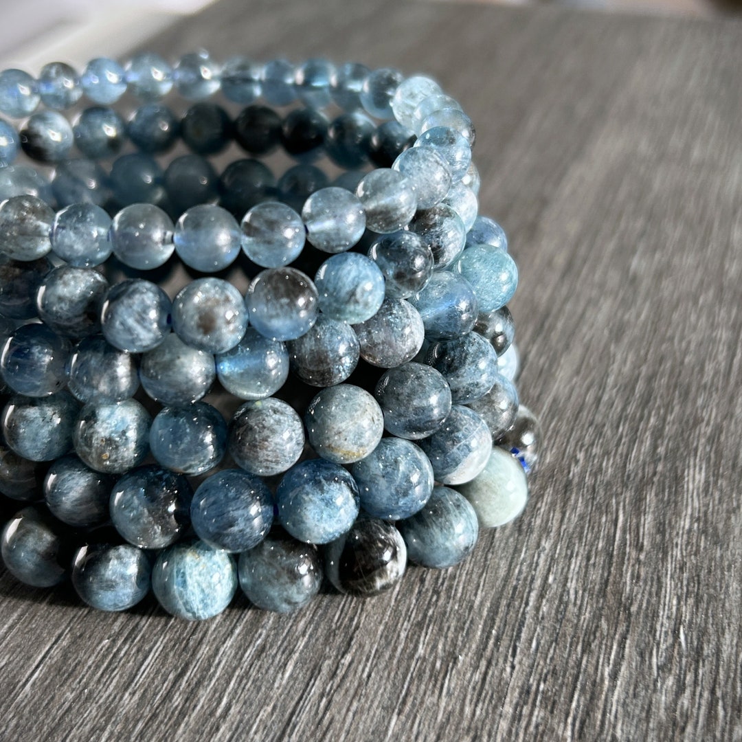 Rare Natural Starry Devil Blue Aquamarine Beaded Bracelet in 6 to 9MM Custom Length Handmade ...