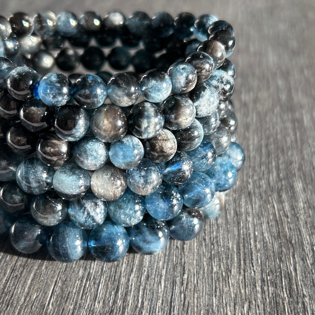 Rare Natural Starry Devil Blue Aquamarine Beaded Bracelet in 7 to 10MM Custom Length Energy ...