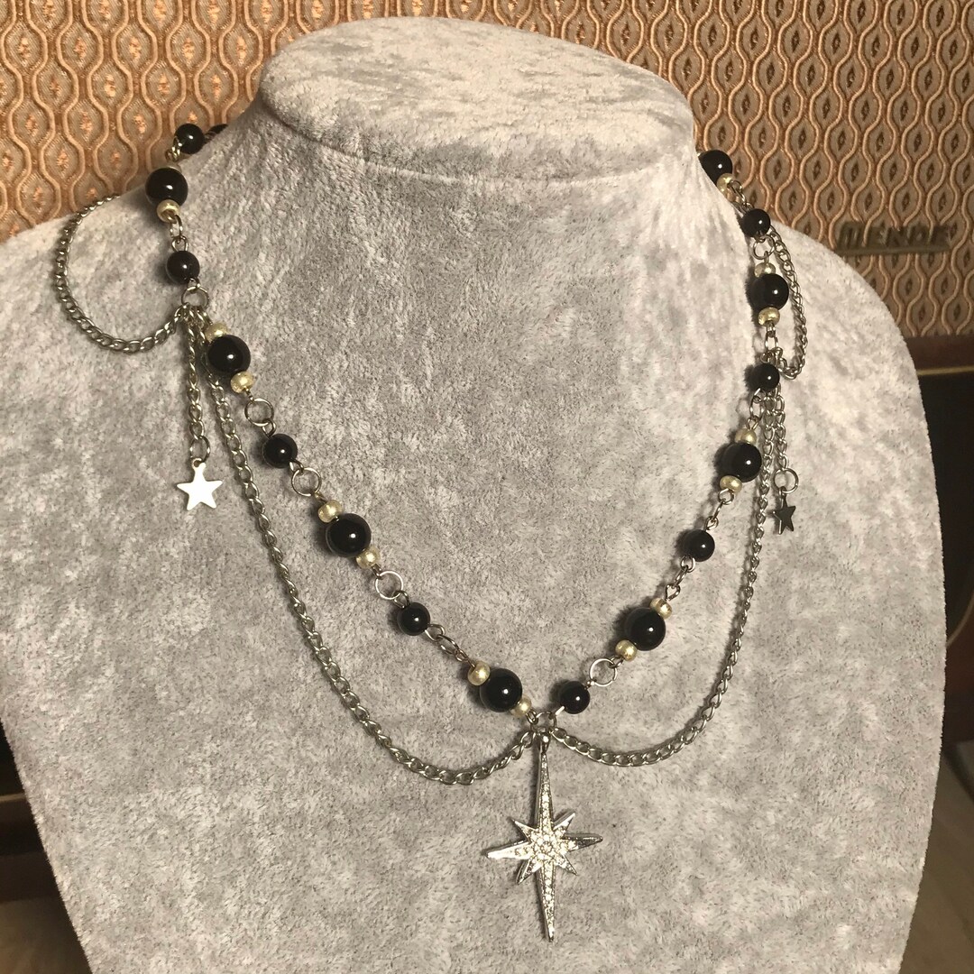 Goth Chain Detailed Beaded Necklace, Chained Necklace, Beaded Goth ...