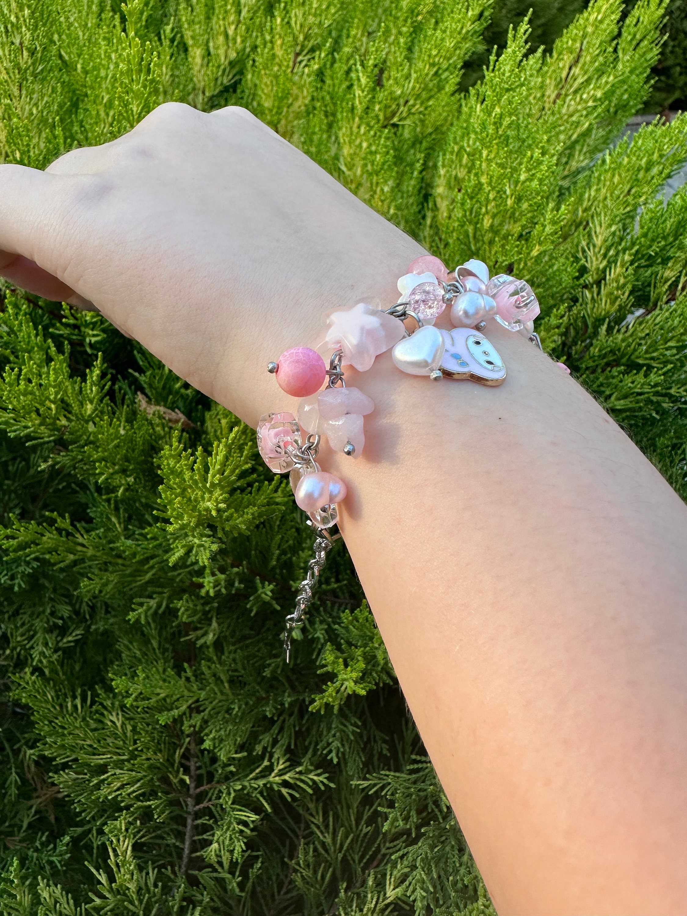 Cluttered Bracelet, Pink Kawaii Bracelet, Y2K Bracelet, Handmade Beaded ...