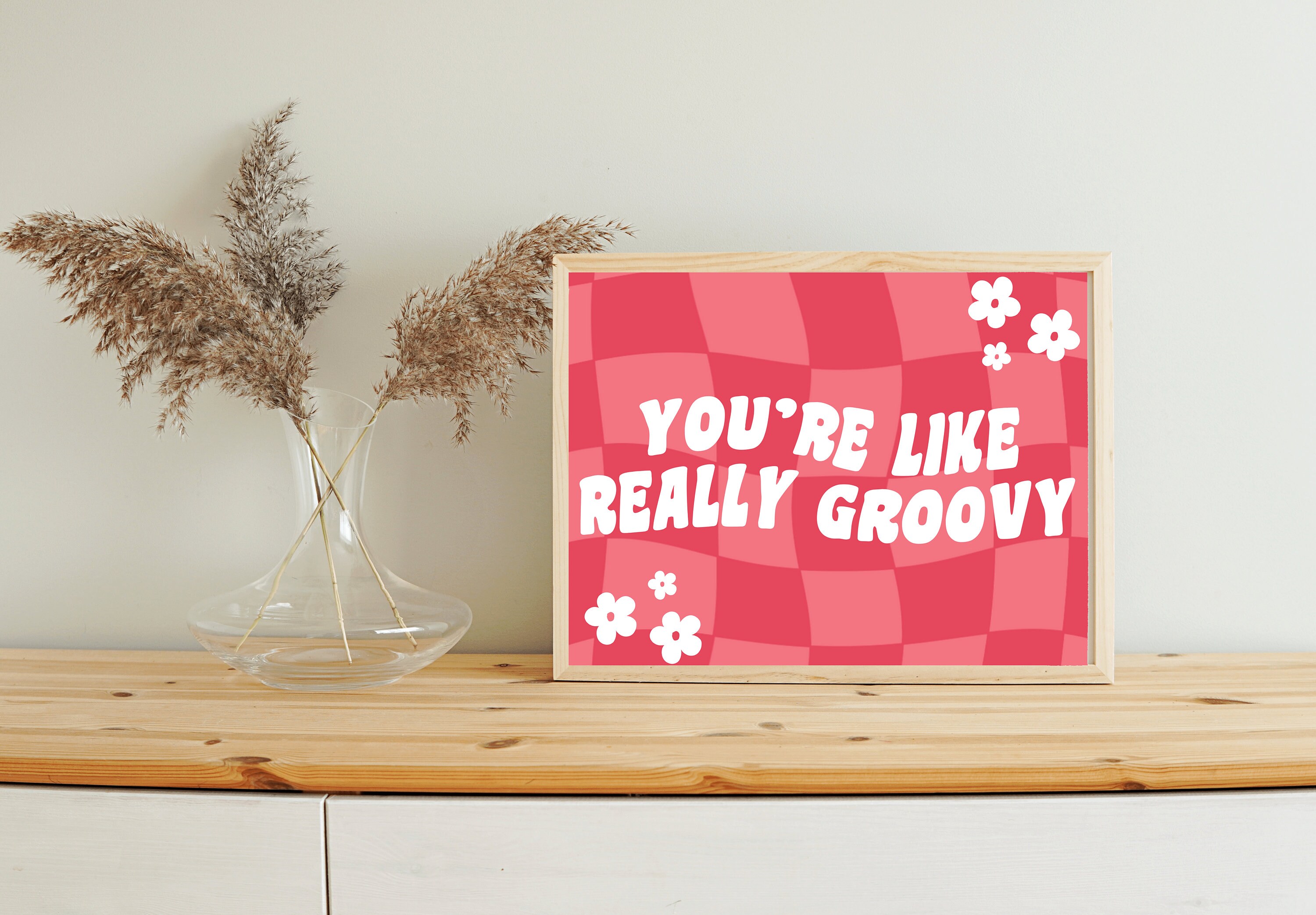 Checkered Retro Wall Art. Printable Groovy Pink Print. Downloadable ...
