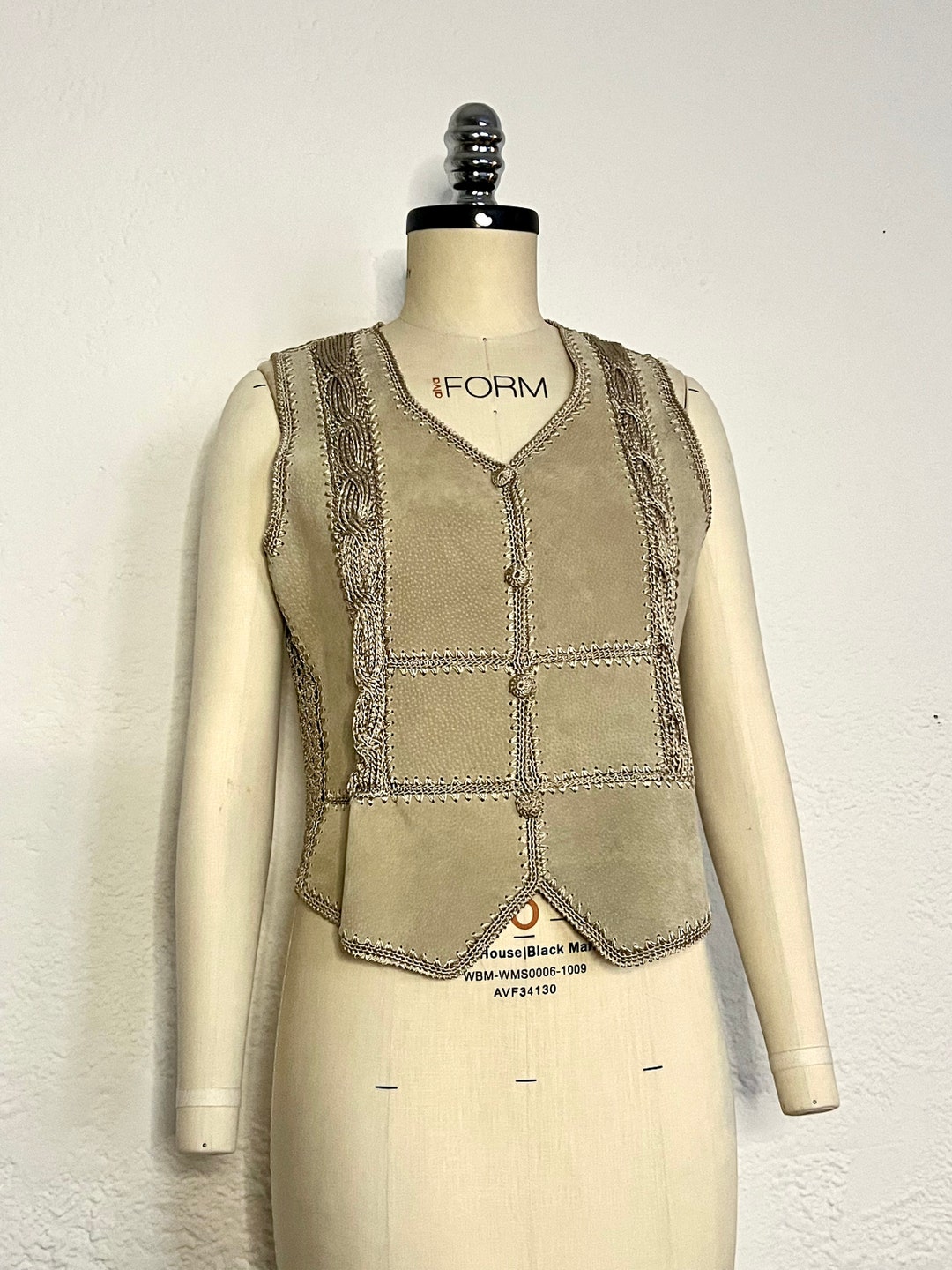 Vintage 90s Leather Suede Light Tan Vest Hand Knit in China SMH With ...