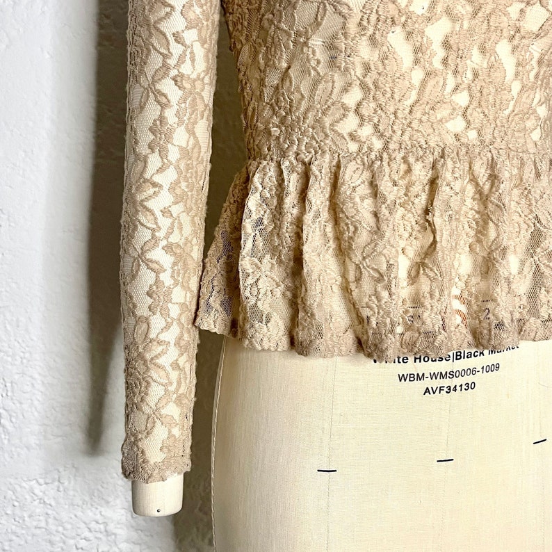 90s Y2K Beige Lace Sheer See Through Mesh Long Sleeve Peplum Blouse Top ...