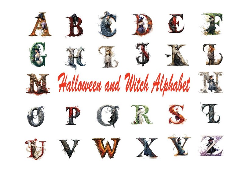 26 PNG Watercolor Halloween and Witch Alphabet Clipart, Illustration ...
