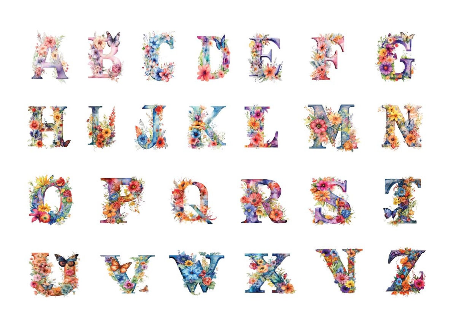 Watercolor Floral Alphabet Clipart: Transparent PNG (digital Download ...