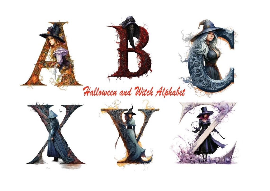 26 PNG Watercolor Halloween and Witch Alphabet Clipart, Illustration ...