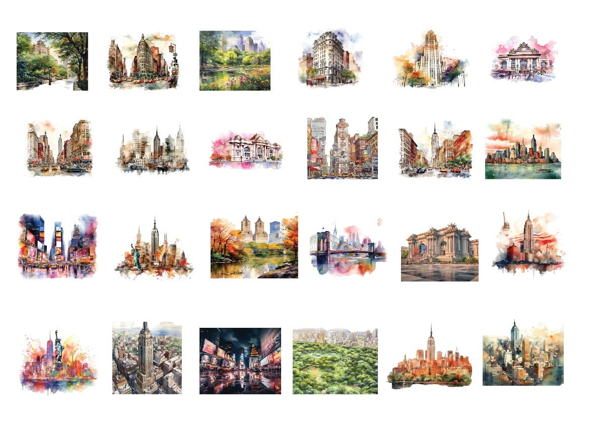 Watercolor New York City 24 Clipart Png Digital Files On White Background Scrapbook